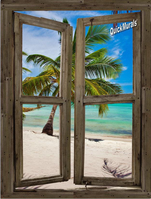 Beach Cabin Window Mural #12 One Piece Peel & Stick CANVAS Wall Mural ...