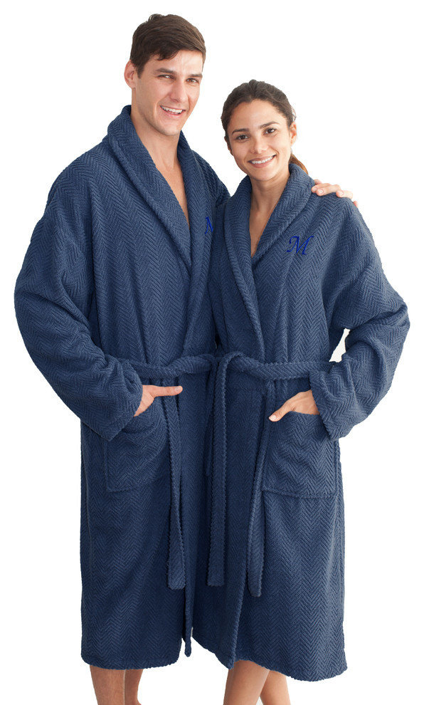 Herringbone Weave Midnight Blue Bathrobe, Large/XLarge, Gray Letters, A ...