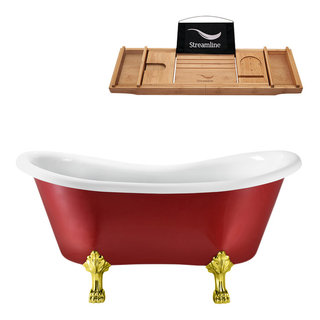 62" Red Clawfoot Tub and Tray, Gold Feet, Chrome Internal Drain ...