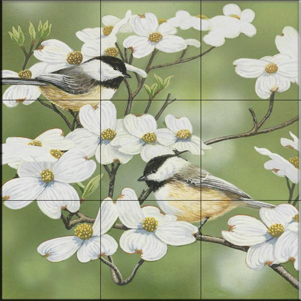 Tile Mural Kitchen Backsplash - Springtime and Chickadees, 12.75" W x ...