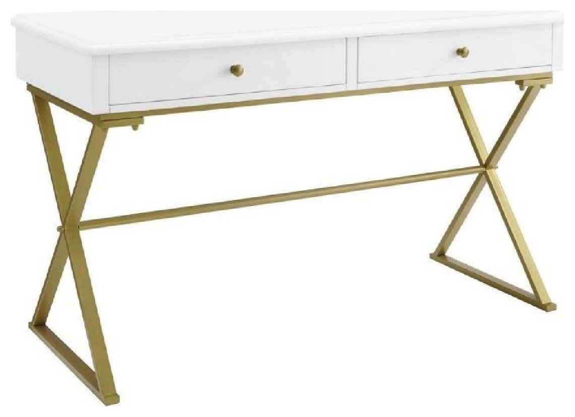 2 Drawers Wooden Desk with X Shaped Legs and Trestle Base, White and ...