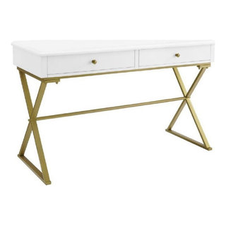 2 Drawers Wooden Desk with X Shaped Legs and Trestle Base, White and ...