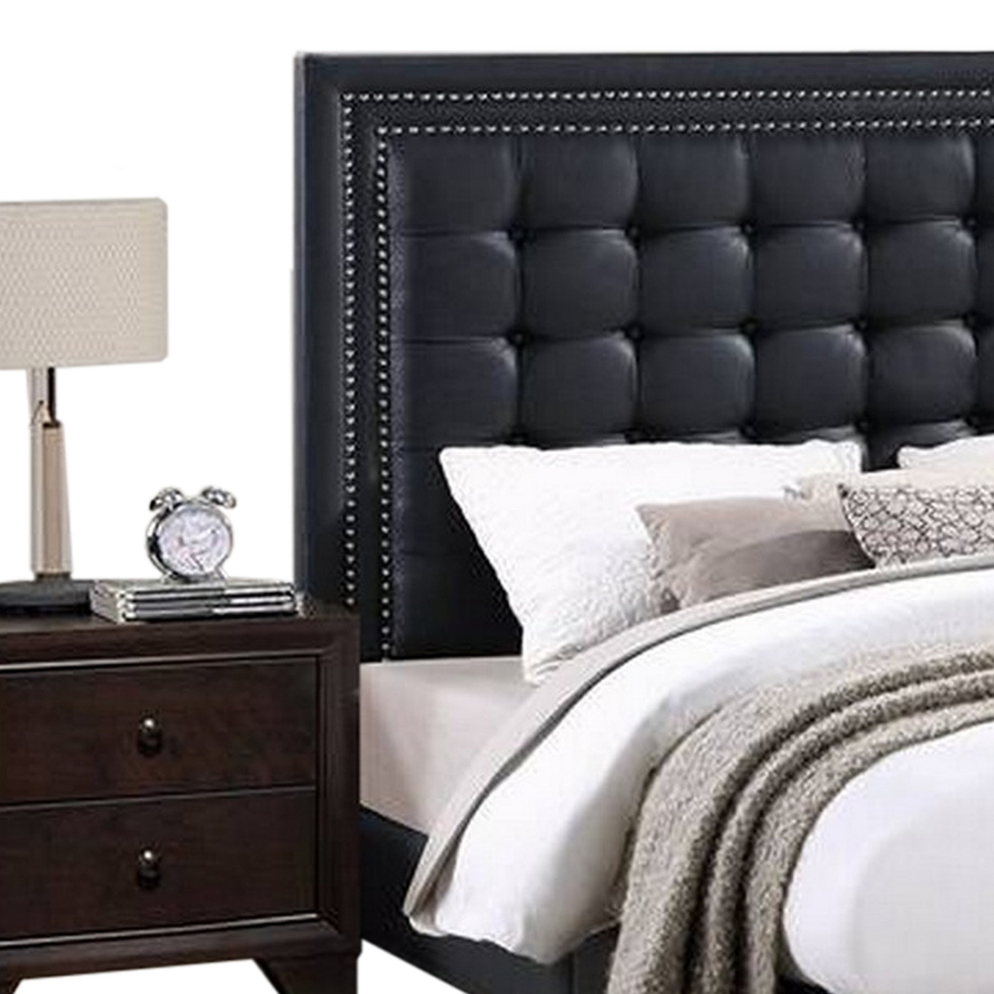 Vea Modern Platform Queen Bed, Deep Tufted Upholstery, Black Faux Leather - Transitional ...