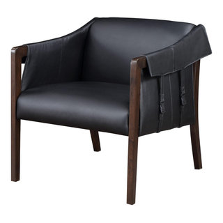 Black Faux Leather Accent Chair with Sling Buckle Design and Solid Wood ...