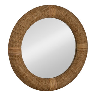 Handwoven Rattan Cane Round Wall Mirror, Natural - Tropical - Wall ...