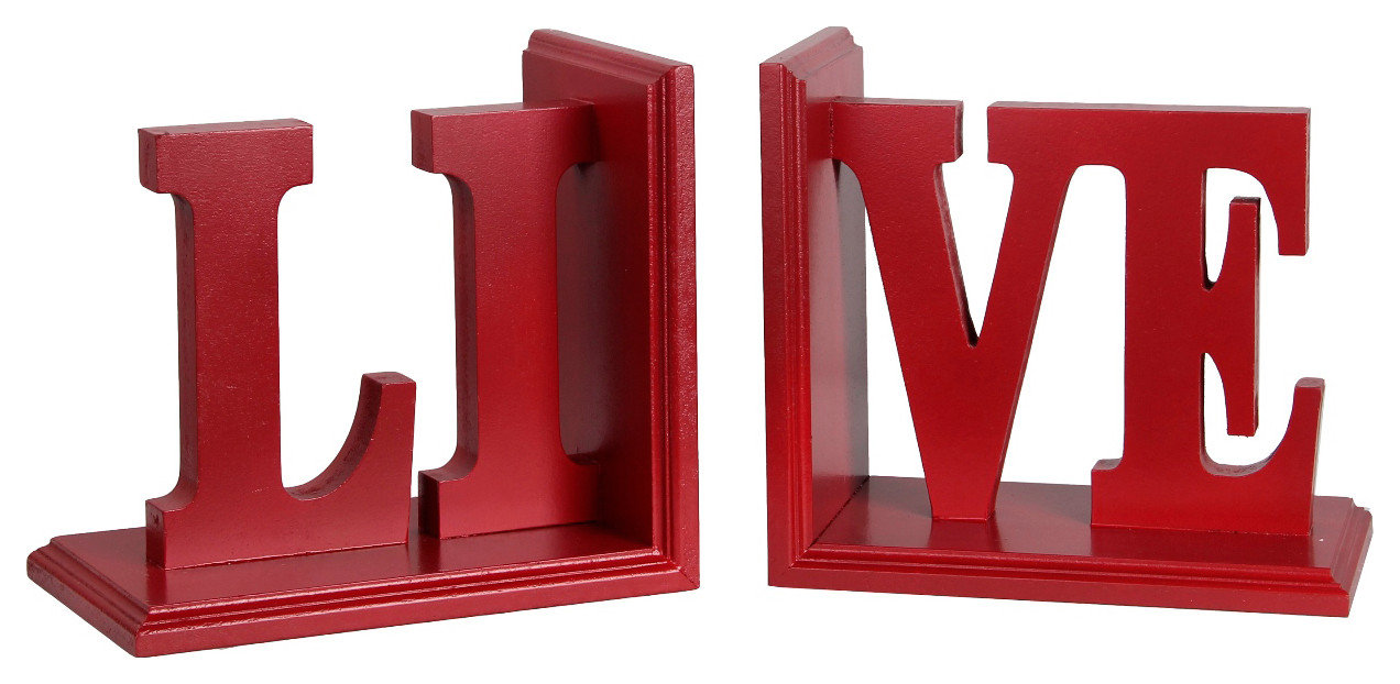 Benzara Contemporary LIVE Word Wooden Bookends with Cut Out Accents ...