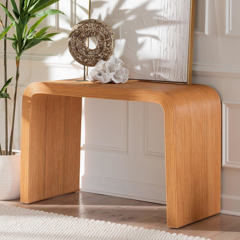 Guevara Bohemian Light Honey Fluted Rattan Console Table - Midcentury ...