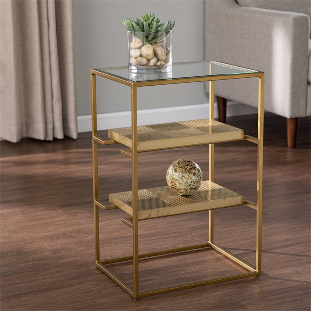 Maklaine Contemporary Metal End Table with Glass Top in Brass ...