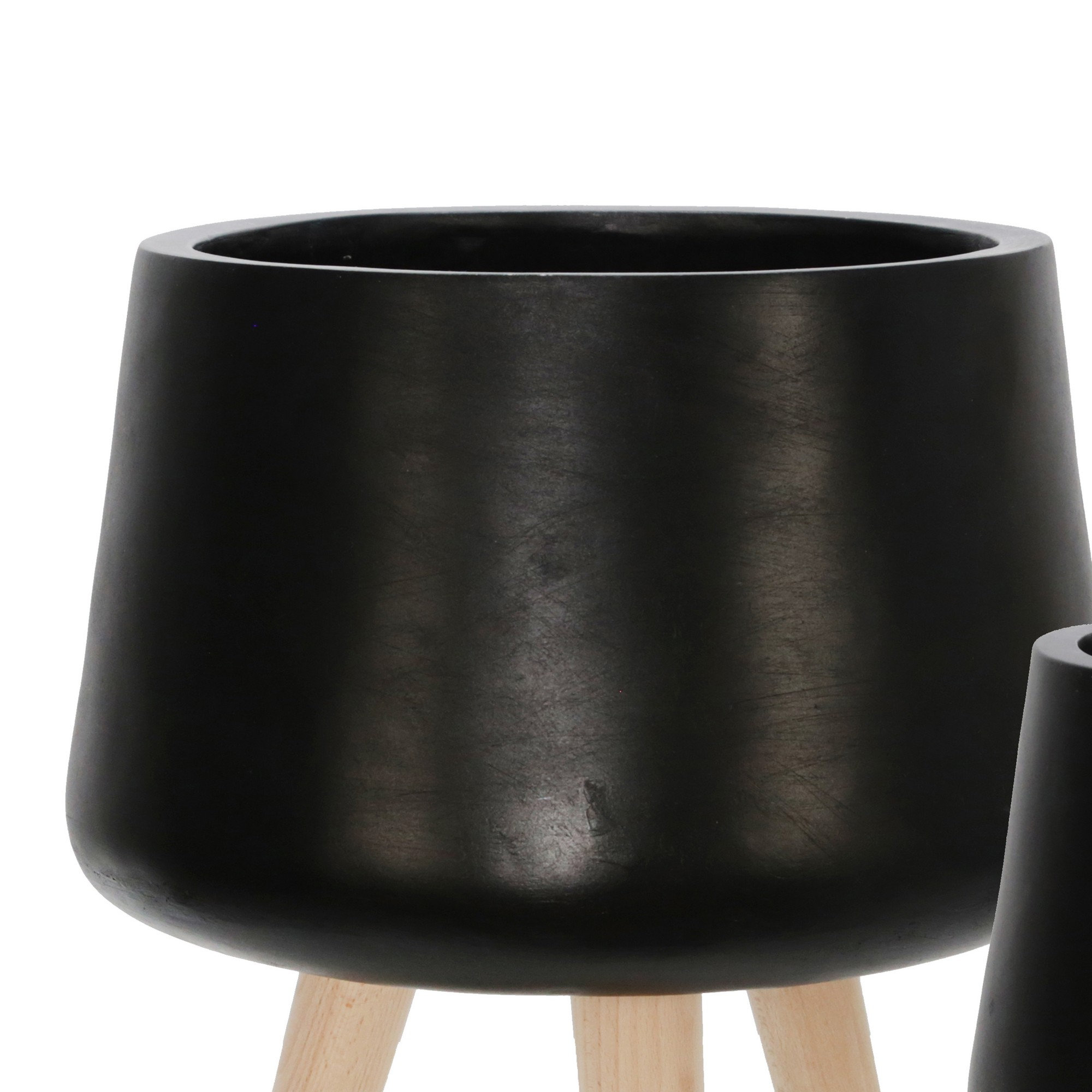 Ceramic Body Planter with Wooden Leg Support, Set of 2, Black and Brown ...