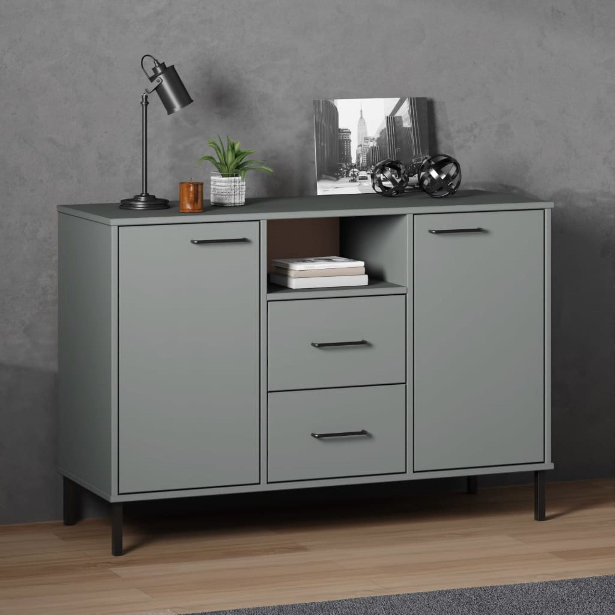 Vidaxl Sideboard With Metal Legs Gray 44.5"x15.7"x30.3" Solid Wood Oslo ...