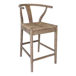 Moya Oak and Natural Woven Wicker Wishbone Back Dining Counter Stool ...