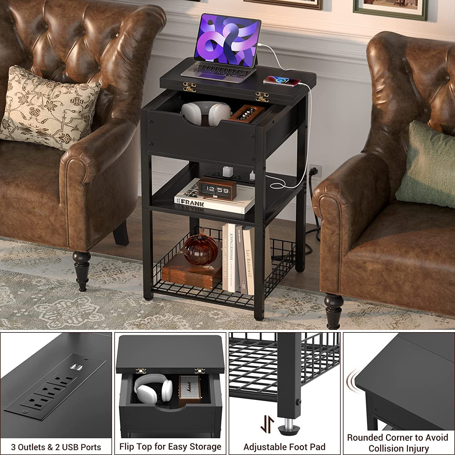 Modern End Table with Charging Station and Flip Top Storage Shelves ...