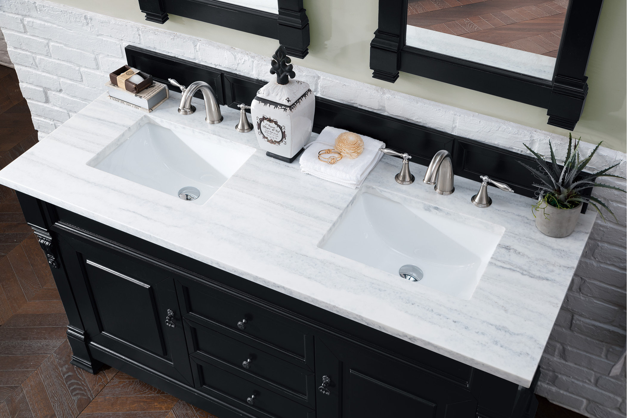 Brookfield 60" Antique Black Double Vanity, Arctic Fall Solid Surface ...