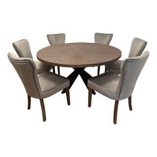 Felix 7-Piece Dining Set With 60" Round Dining Table and 6 Mink Velvet Chairs - Transitional ...