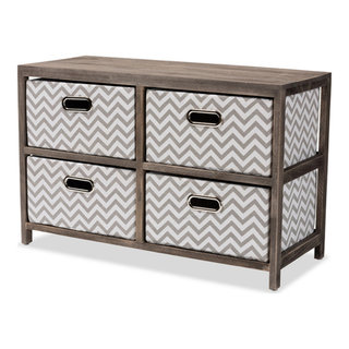 Jorah Gray And White Fabric Upholstered Graywashed Wood 4-Basket ...
