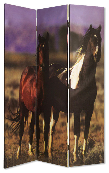 Wooden Screen with Artwork of Horses Galloping, Multicolor ...