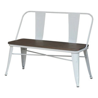 Modern White Dining Bench with Sturdy Metal Frame and Distressed Elm ...