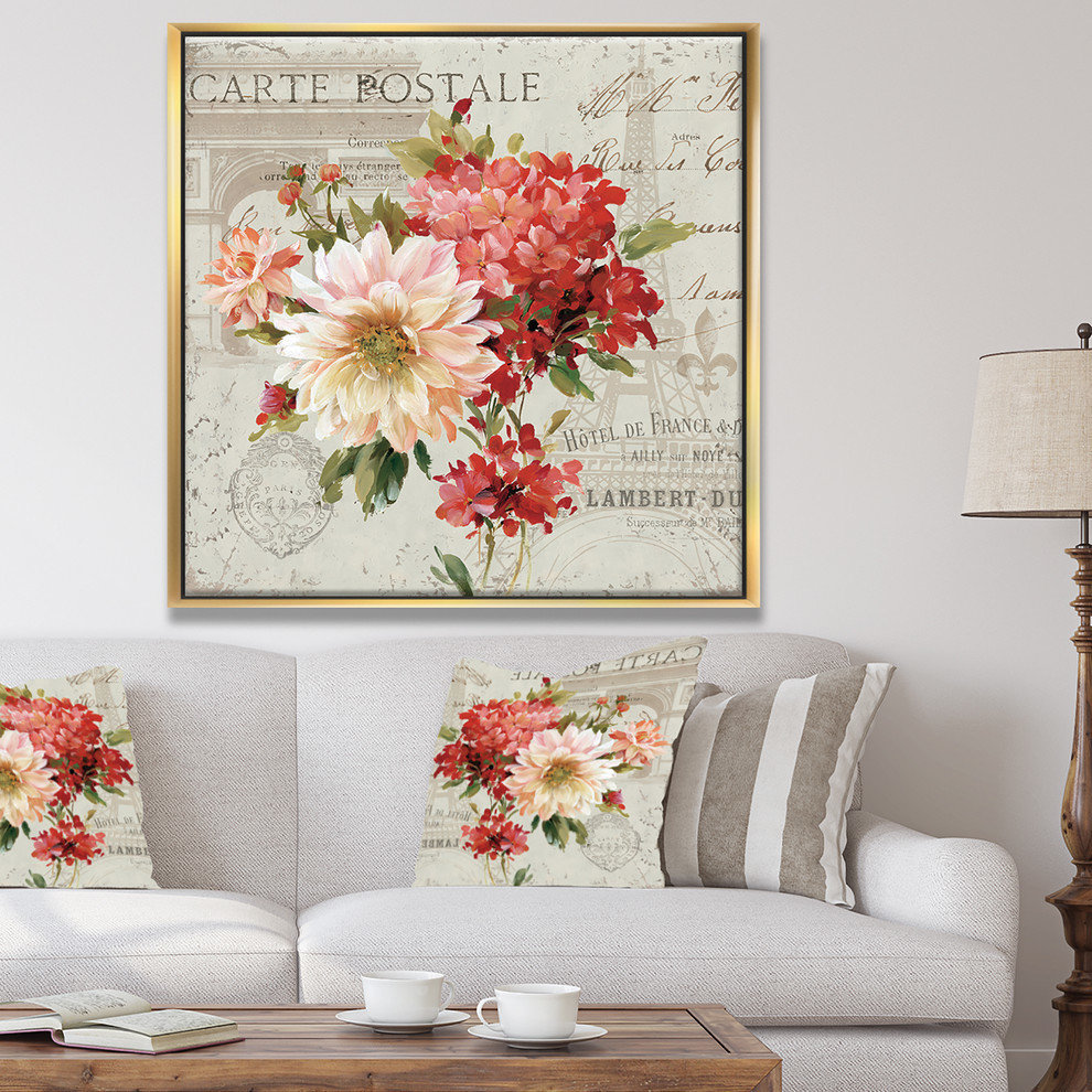 Designart Red Painted Flowers Vintage Postcard Iii Print Canvas Art ...