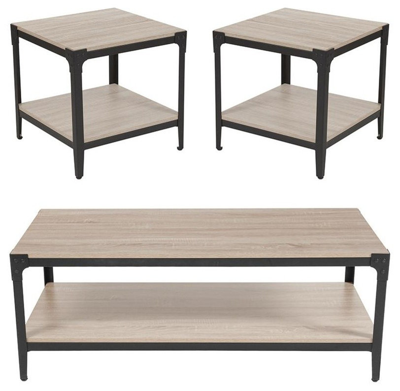 3 Piece Coffee and End Table Set in Sonoma Oak Wood Finish and Black ...