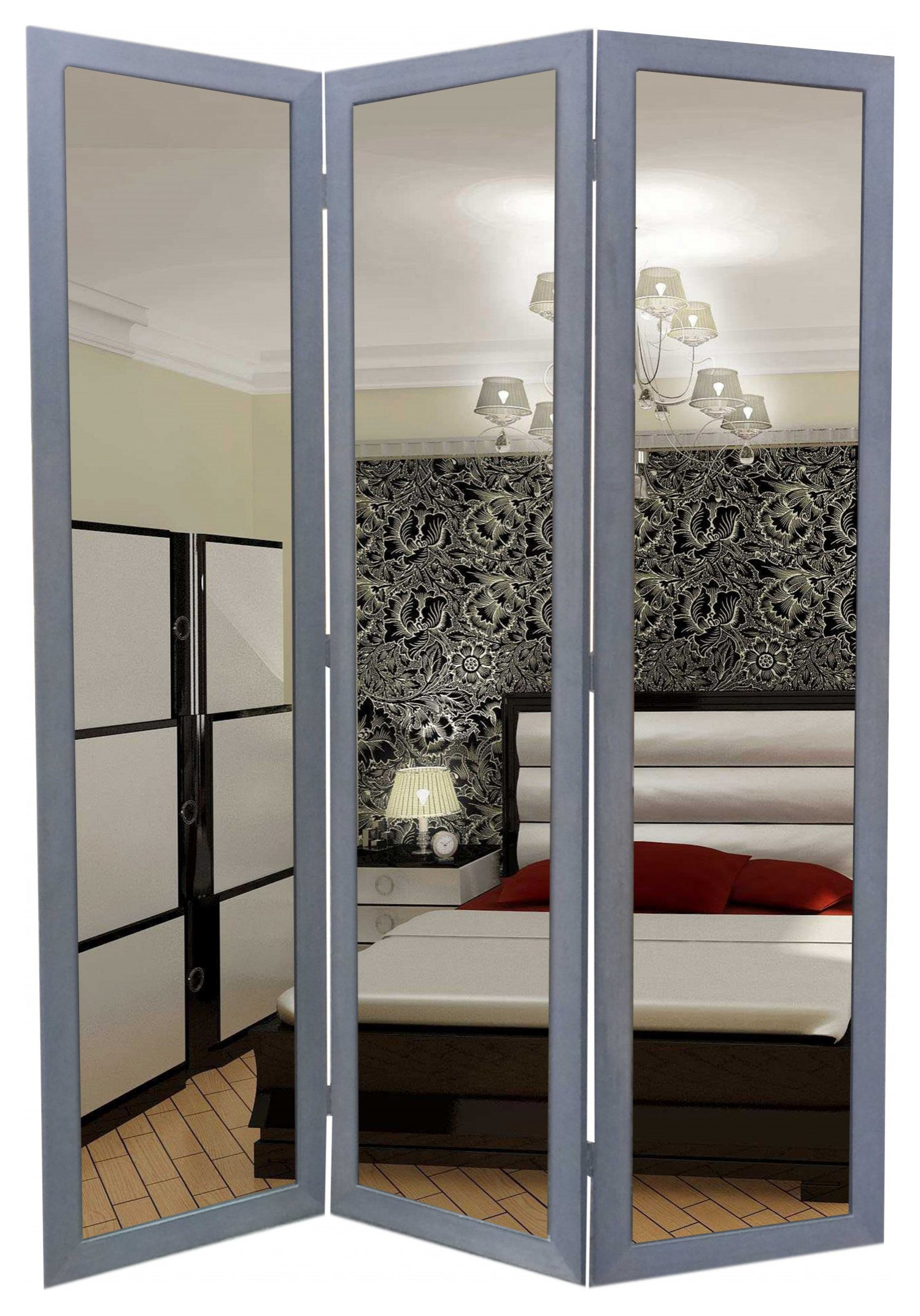 69" Black Wood and Mirrored Glass Folding Three Panel Screen Room ...