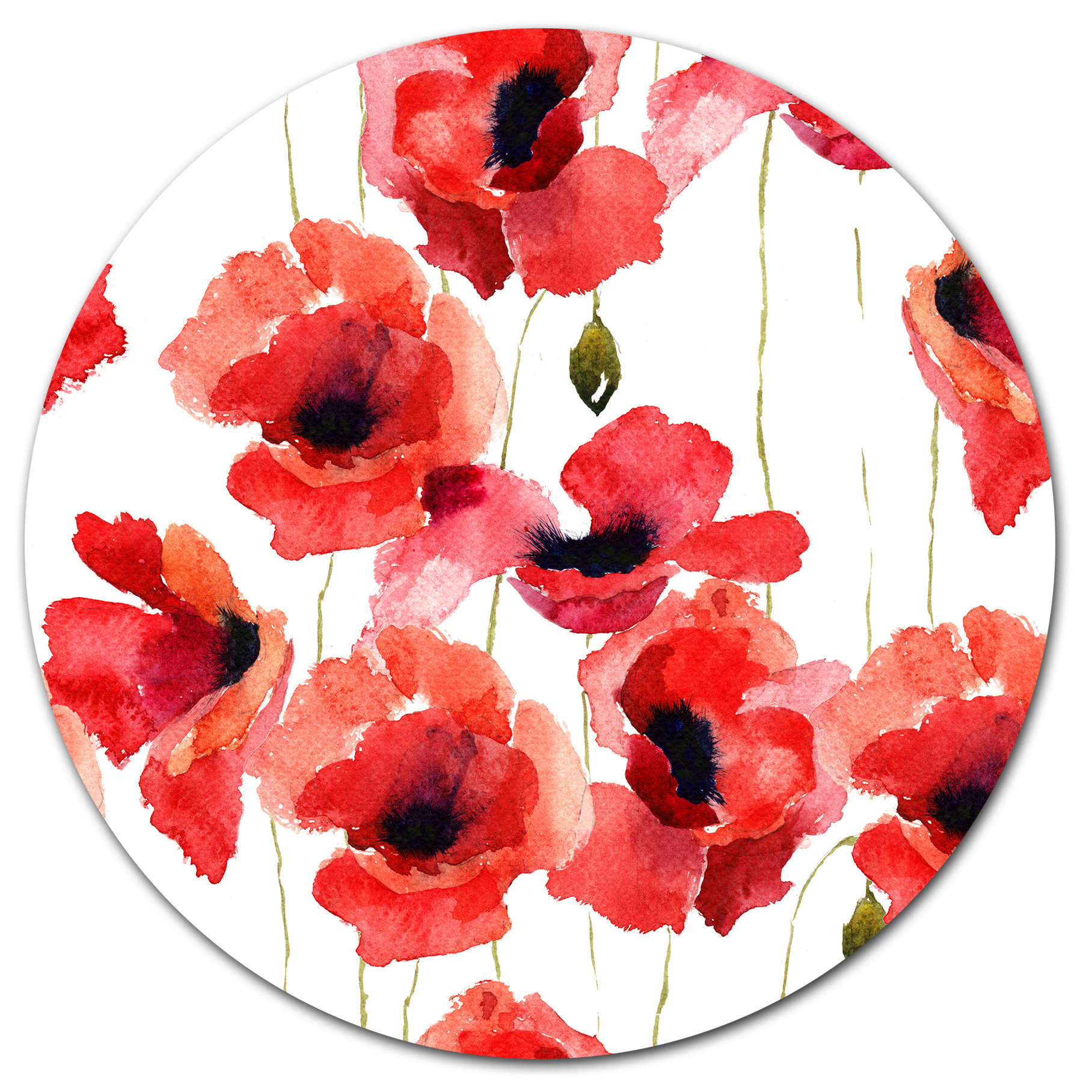 Stylized Poppy Flowers Illustration, Modern Floral Round Wall Art, Disc ...