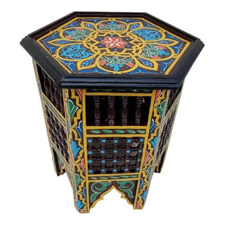 Moroccan Hexagonal Wooden Hand Painted Side Table, Musharabi Maroon ...