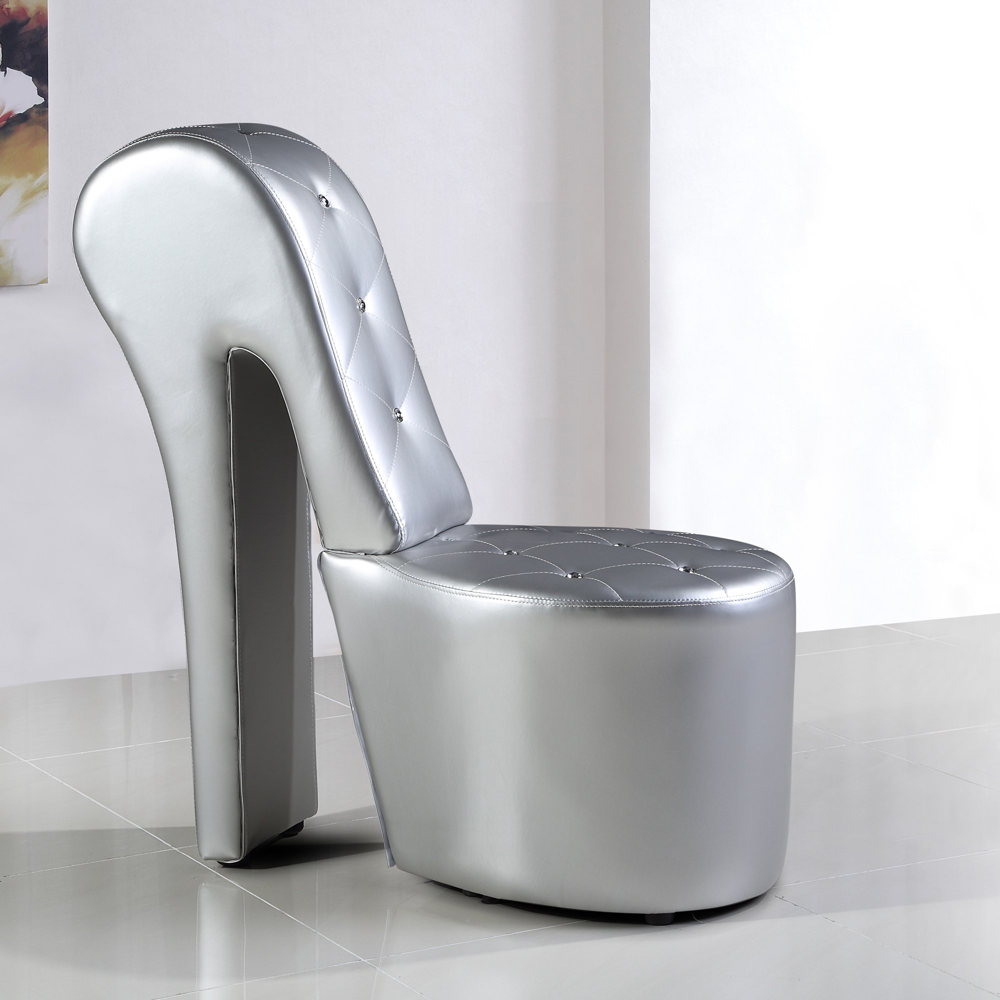 Silver High Heel Chair with Crystal Studs, Modern Faux Leather Accent ...