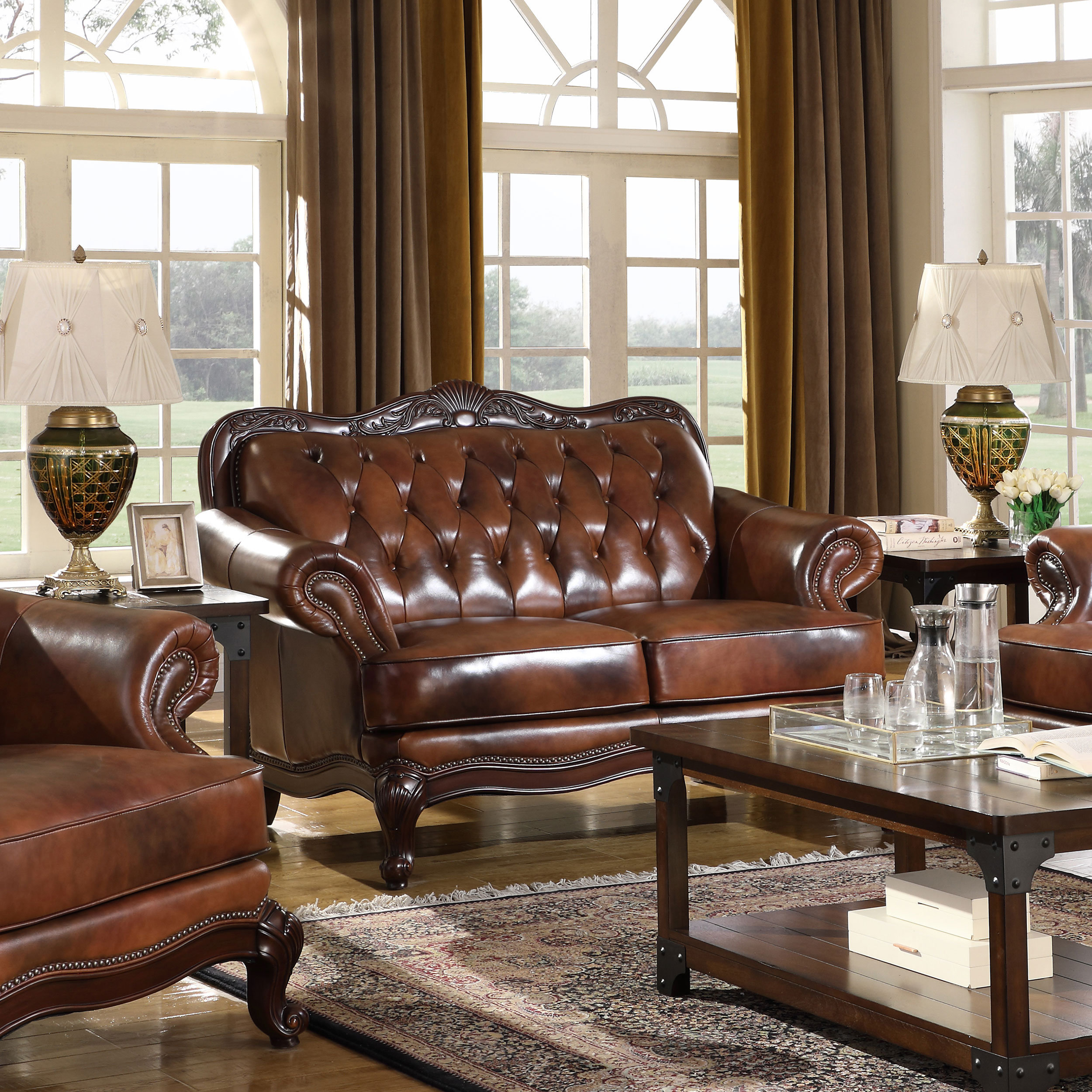 Victoria Full Leather Upholstered Rolled Arm Loveseat Brown - Loveseats ...