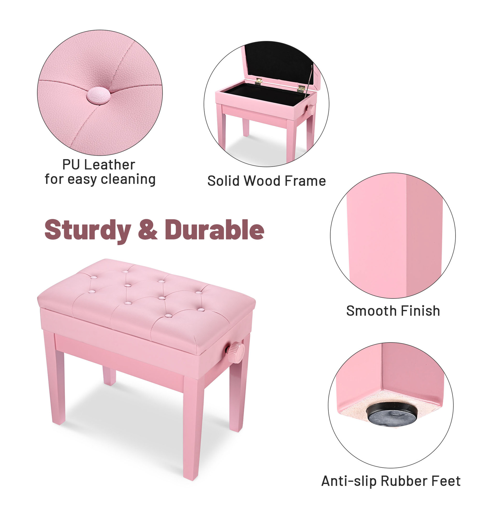 Adjustable Duet Piano Bench PU Leather Padded Wooden Keyboard Stool w ...