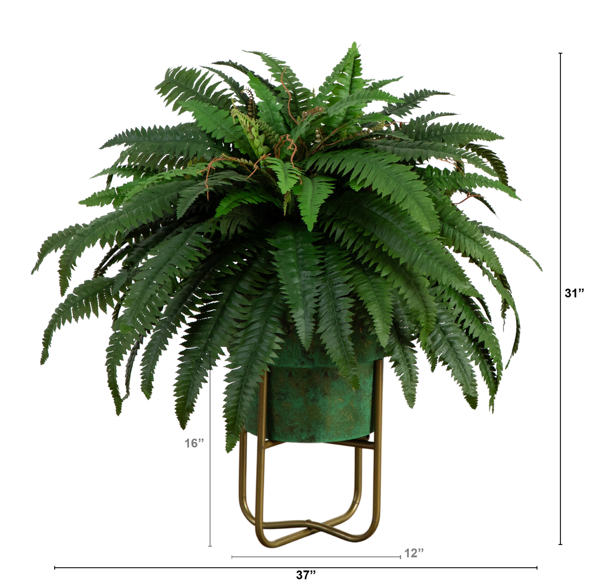 31in. Artificial Boston Fern, Patina Metal Planter With Stand ...