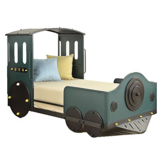 Twin Bed, Green and Black Train Metal, MDF, PVC, 25kg FR Green and ...