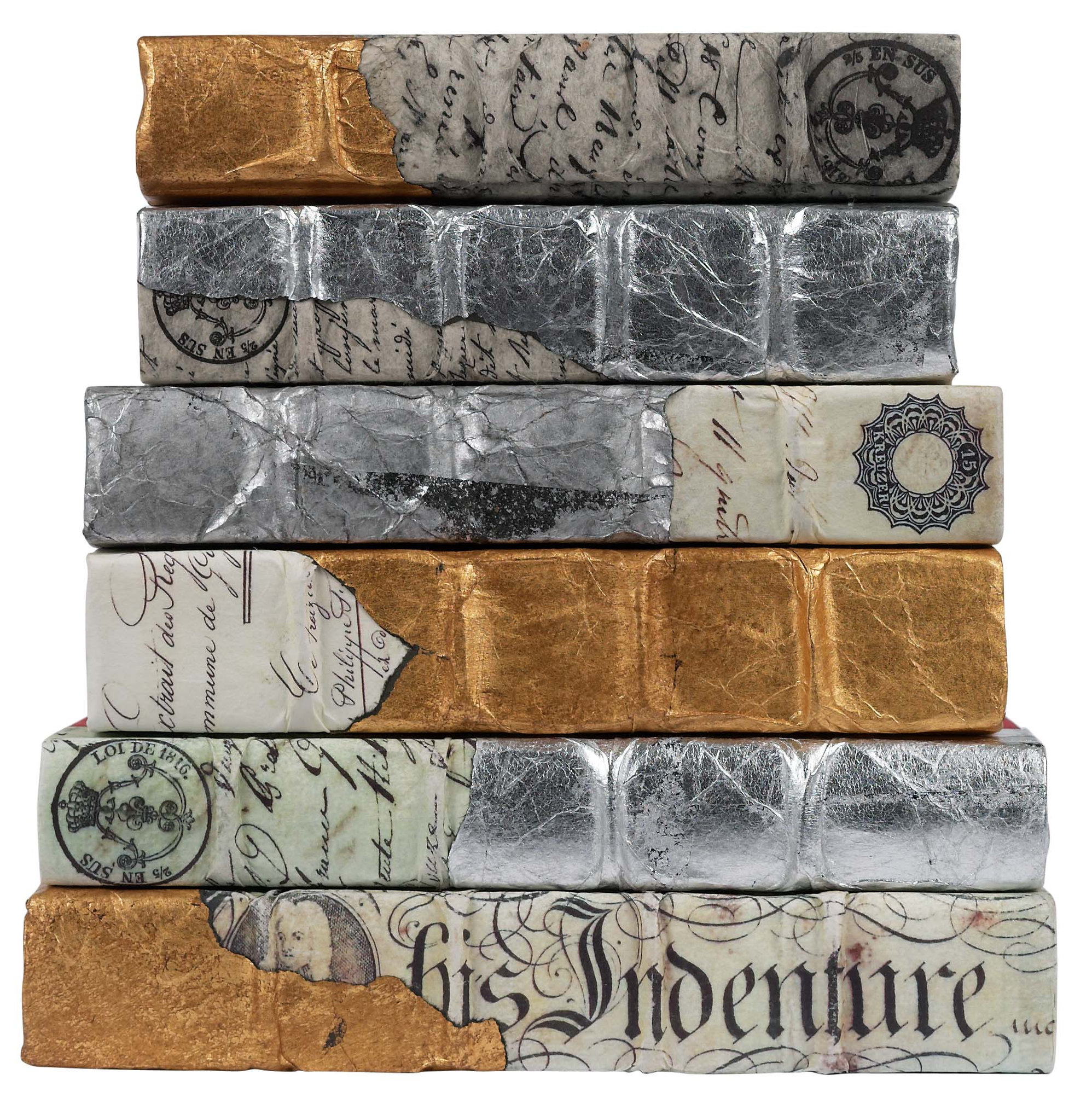 6 Piece Decorative Book Set, Script With Antique Gold and Silver Gold ...