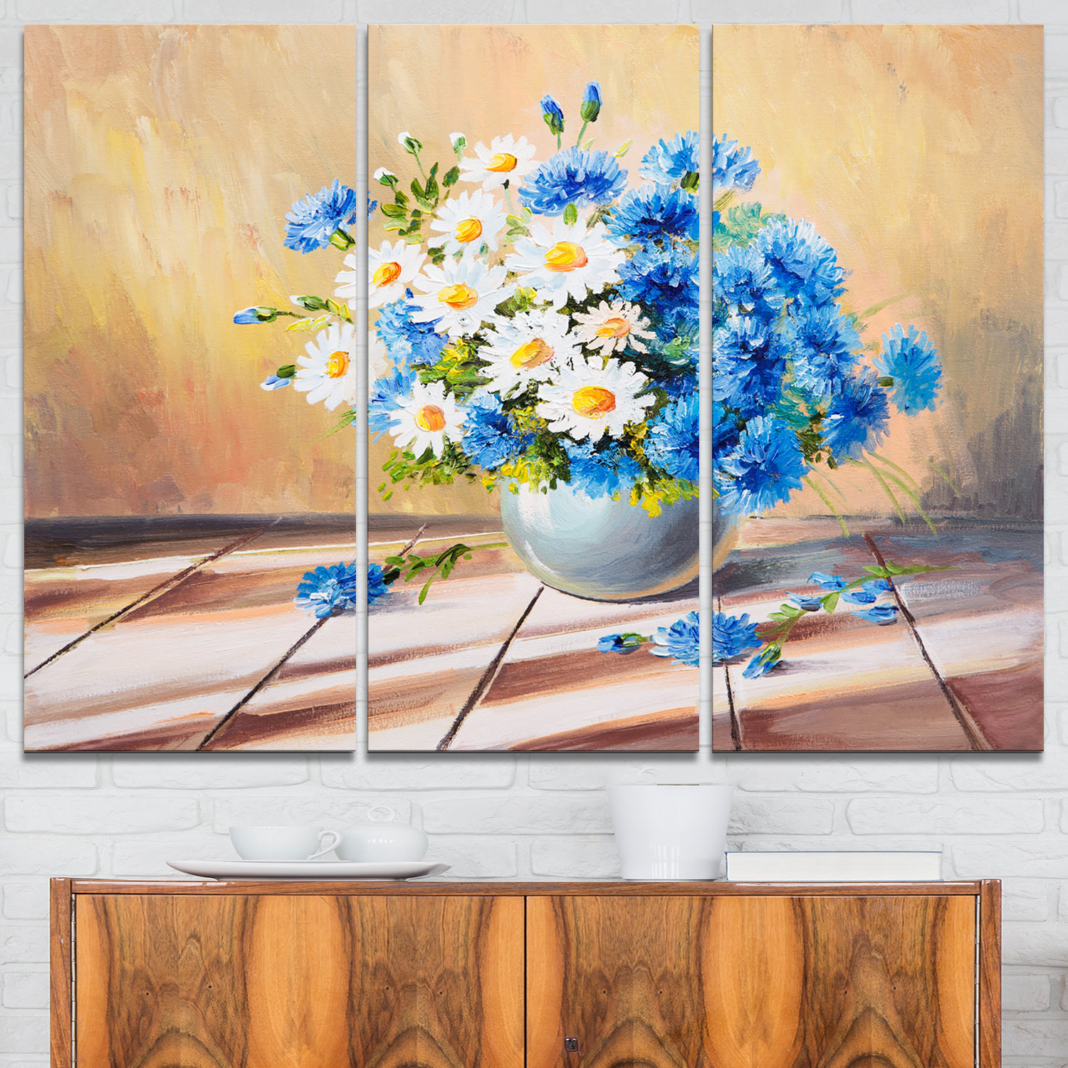 "Bouquet on Wooden Table" Floral Canvas Artwork, 36"x28" 3 Panel ...