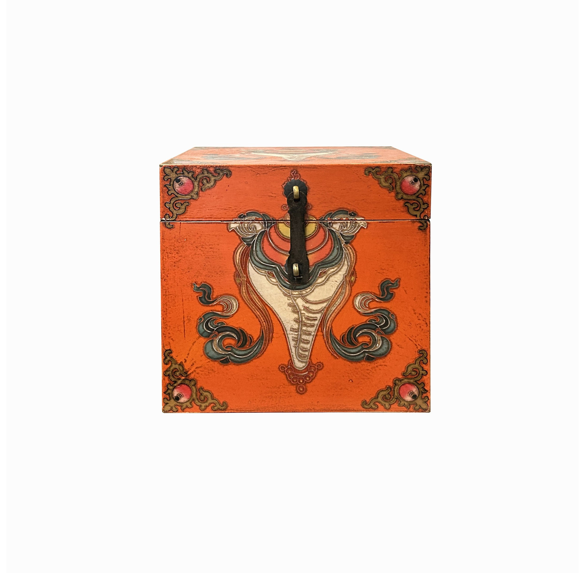 Chinese Distressed Orange Conch Graphic Square Shape Box Hws3496 ...
