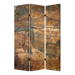 3 Panel Canvas and Metal Frame Room Divider, Slate Brown - Rustic ...