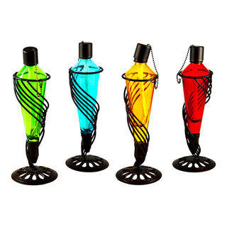 13" Assorted Color Table Top Torch With Swirl Accent Metal Stand, Set ...