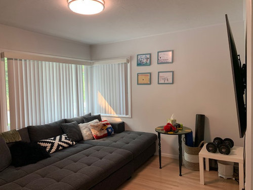 Dismal decor in small TV room w/pics