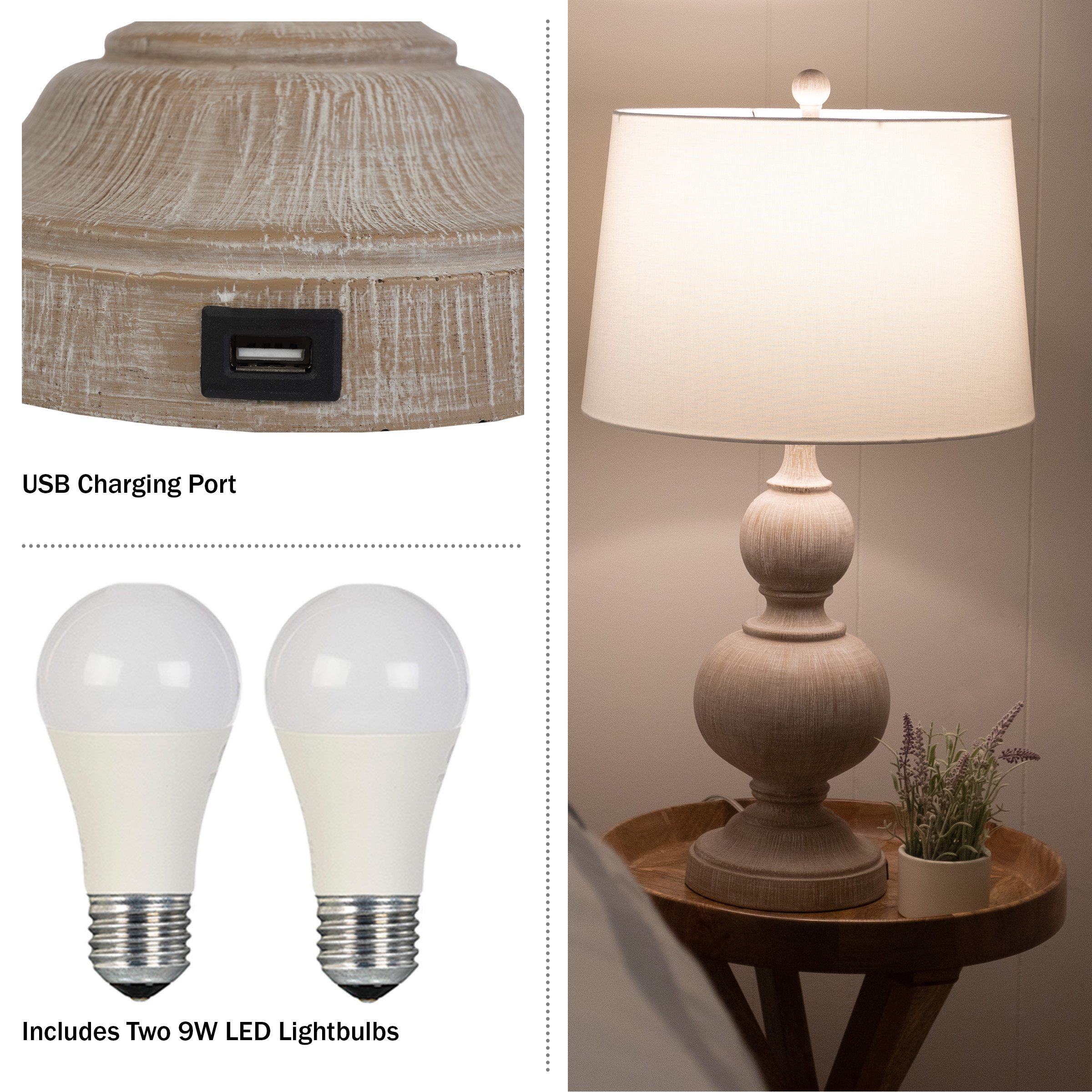 Set of 2 Table Lamps With USB Charging Ports and LED Bulbs Included ...
