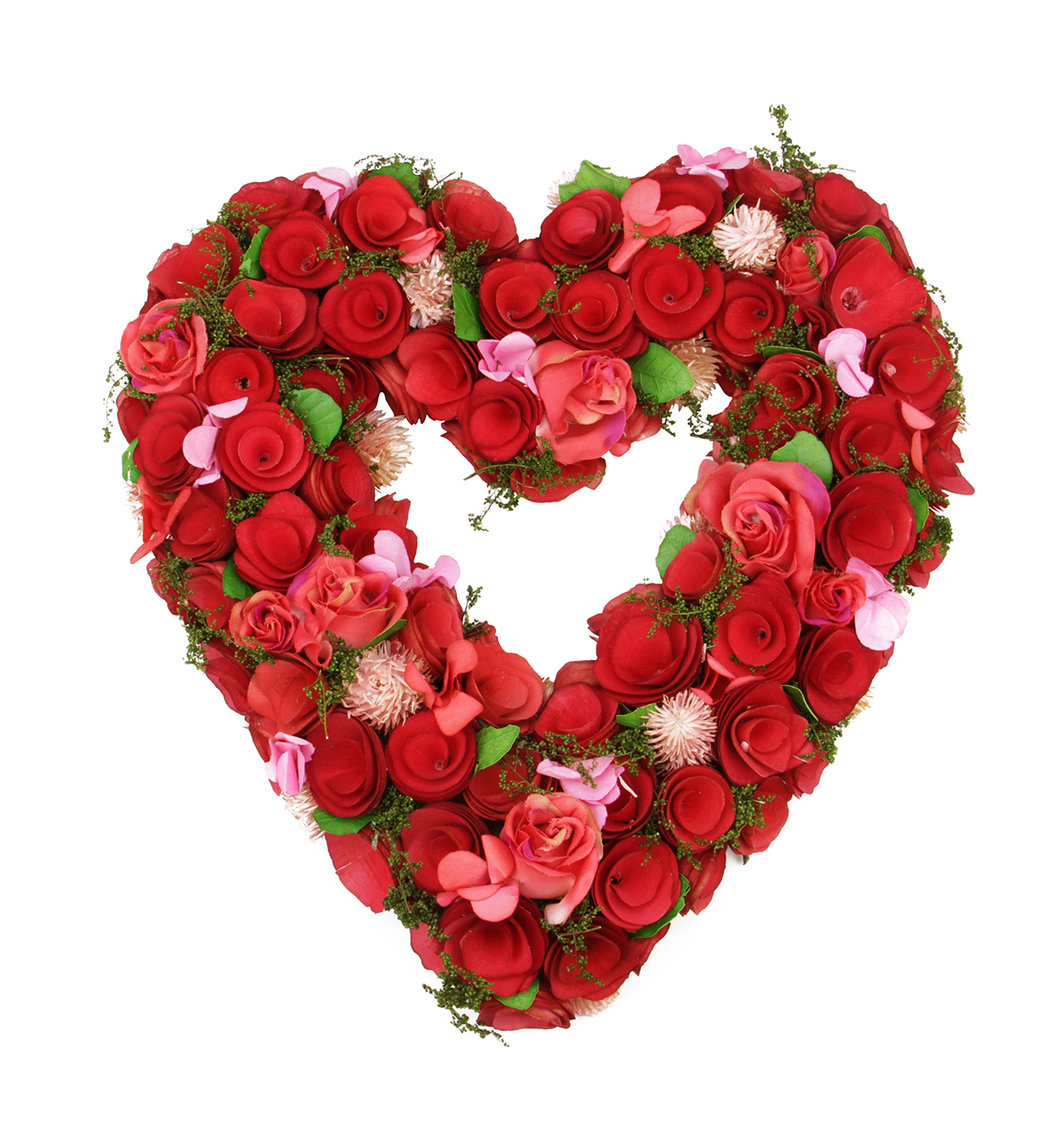 Wooden Shades of Red and Pink Flowers Heart-Shaped Artificial Wreath ...