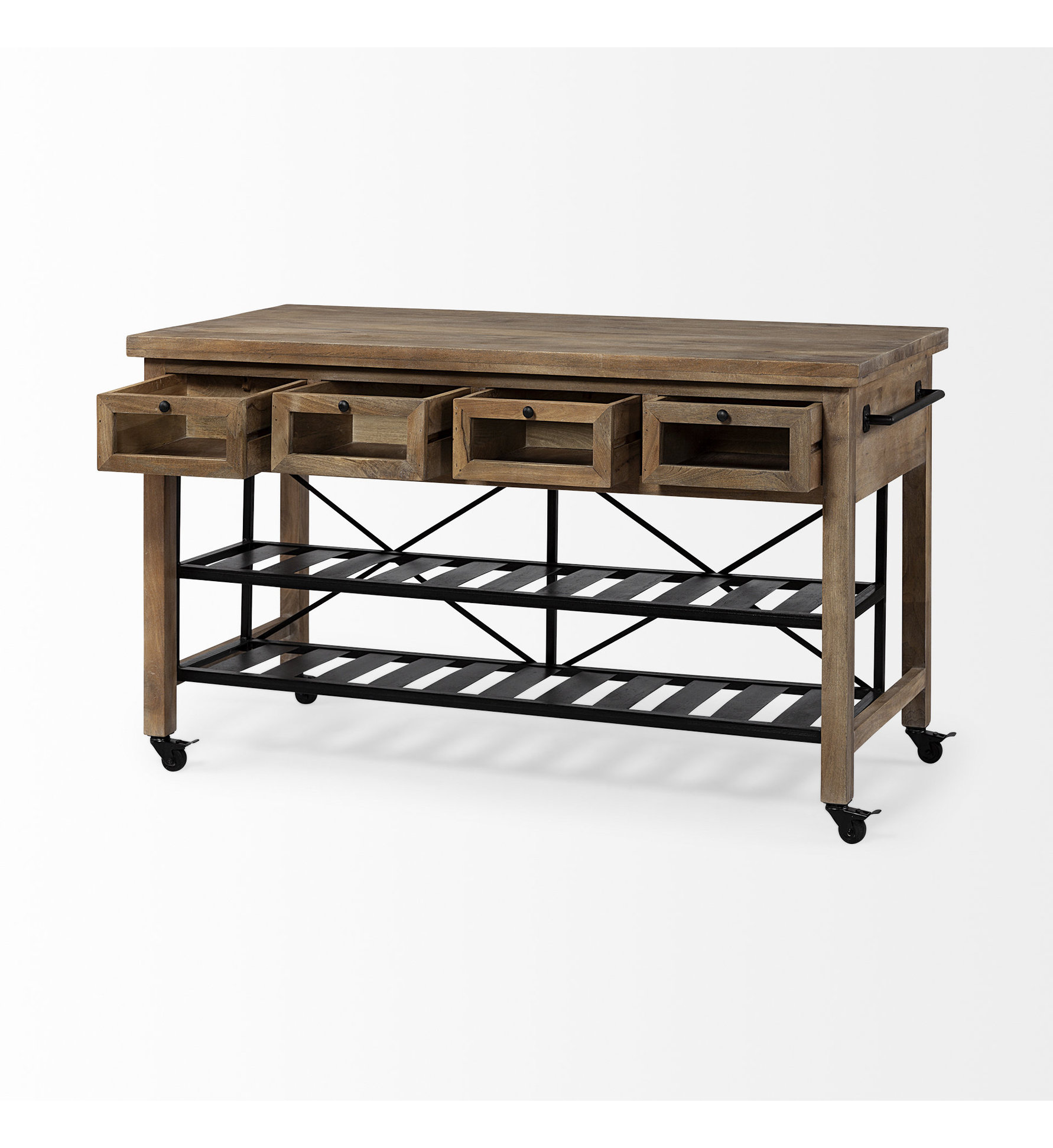 Stuart I Medium Brown Solid Wood w/ Black Metal Shelves Rolling Kitchen ...