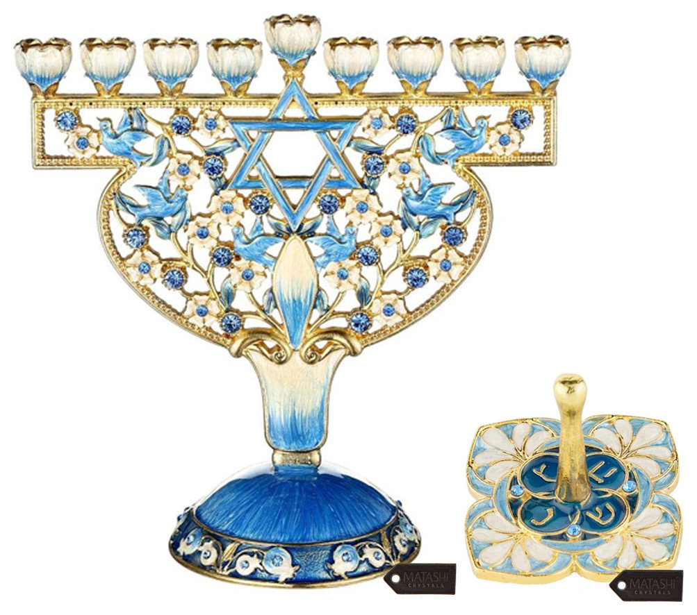 Hand Painted Enamel Menorah Candelabra, Blue Floral Spinning Dreidel ...
