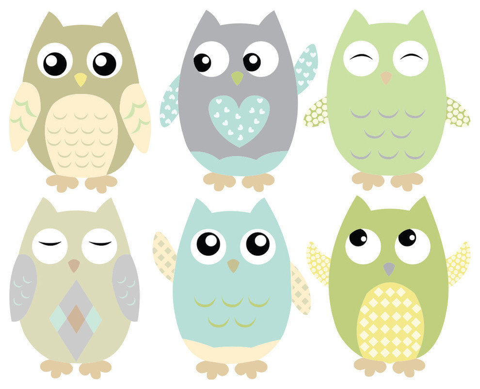 Owls Fabric Wall Decals, Set of 6, Green, 10" Tall, 12 Inch ...