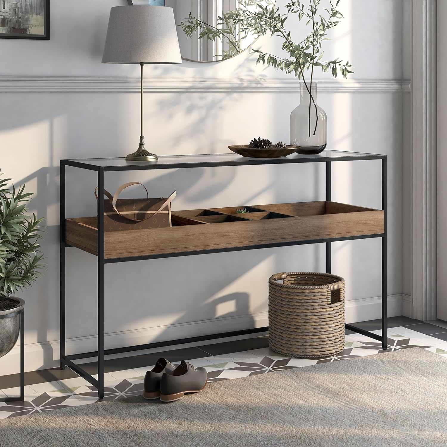 Contemporary Console Table, Glass Top & Middle Shelf With Compartments ...