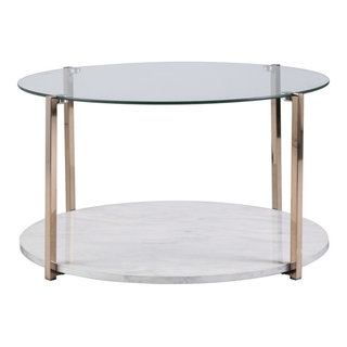 33" Gold Glam Glass And Faux Marble Two Tier Round Coffee Table ...