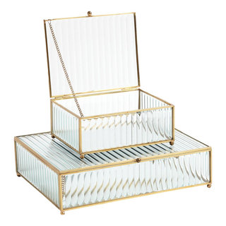 Vintage Style Ribbed Glass Decorative Box Reeded Gold Edge Elegant, 2 ...