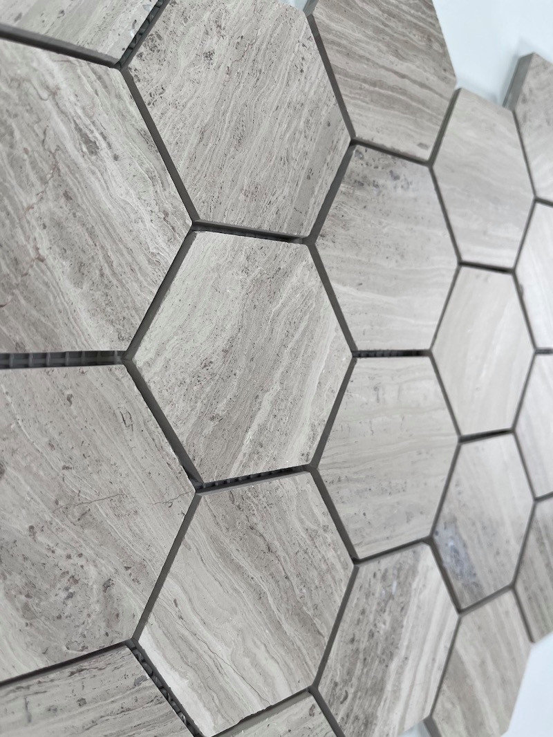 3" Hexagon Athens Silver Cream Haisa Marble Wooden Beige Tile Polished ...