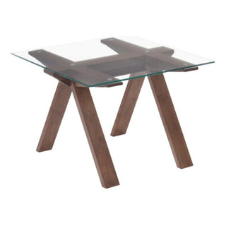 Square Glass Table Top End Table with Inverted V Shaped Wooden legs ...