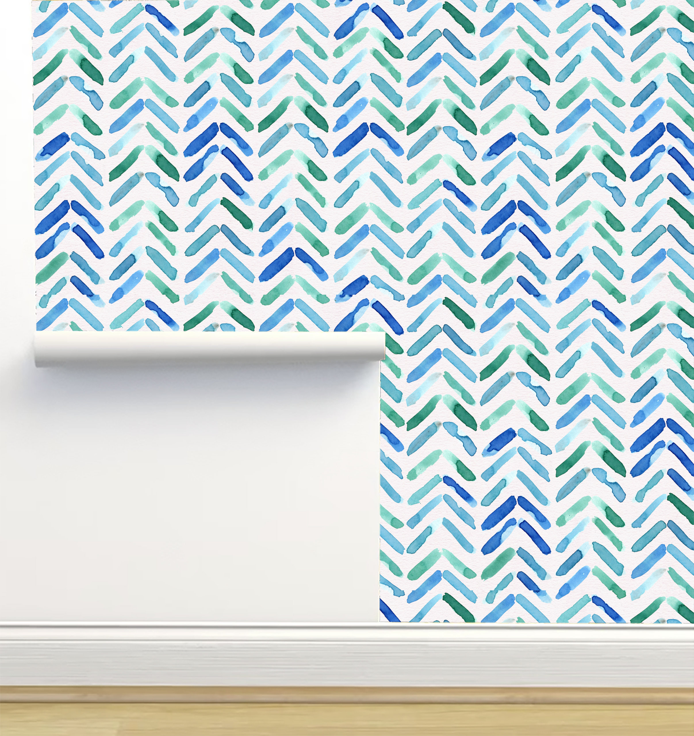 Watercolor Chevron Blue Green Wallpaper by Ninola Designs, 24"x144 ...