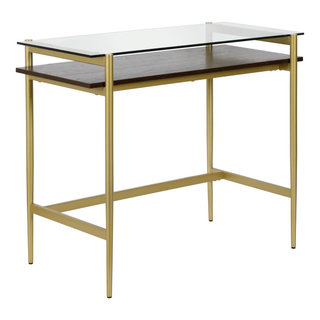 Elegant Desk, Golden Metal Frame With Middle Wooden Shelf & Tempered ...