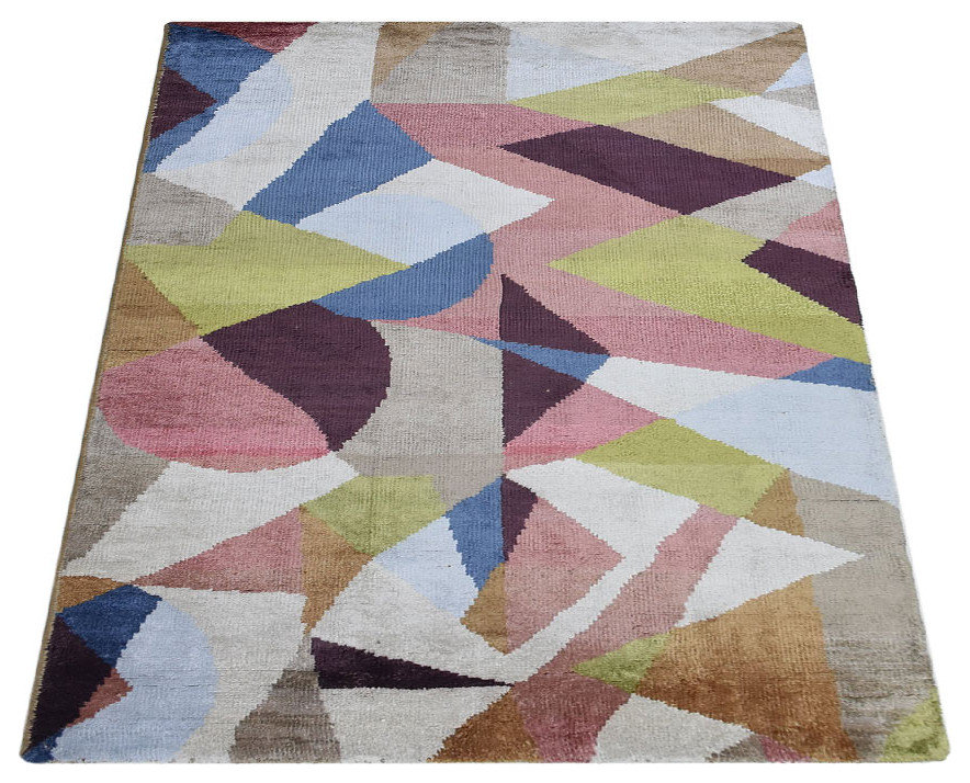 Hand Knotted Viscose Area Rug Geometric Multicolor, [Rectangle] 5'x8 ...